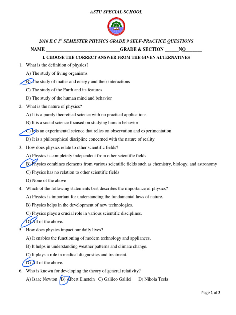 Physics Grade 9 Practice Question | PDF | Physics | Science