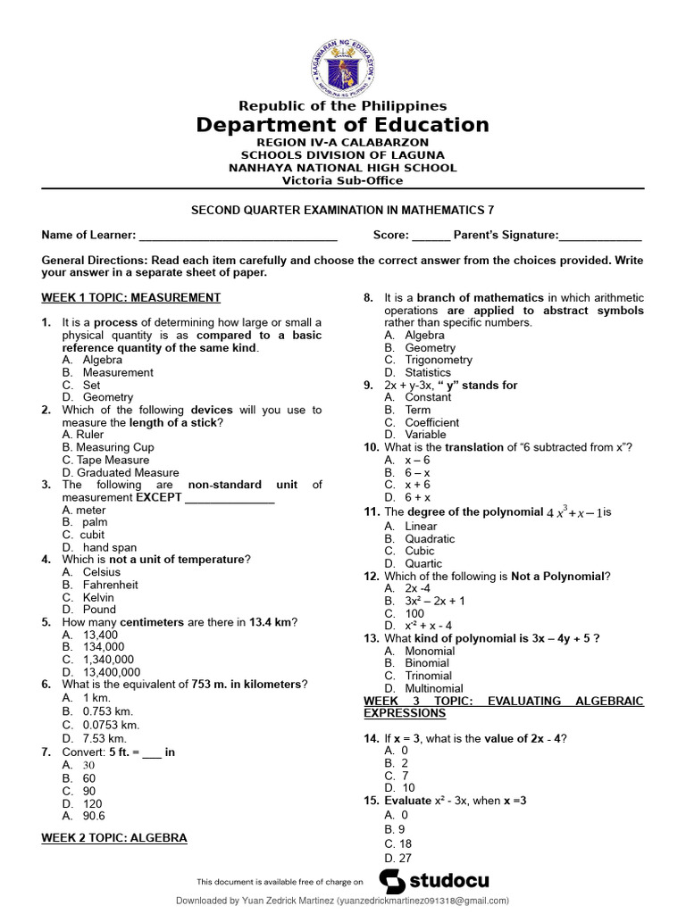 Grade 7 Math 2nd Quarter Exam | PDF | Equations | Mathematics