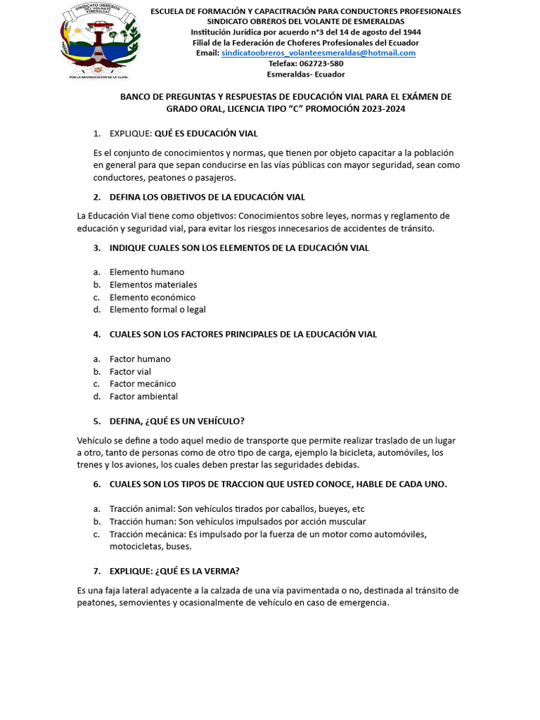 Banco de Preguntas y Respuestas de Educación Vial | PDF