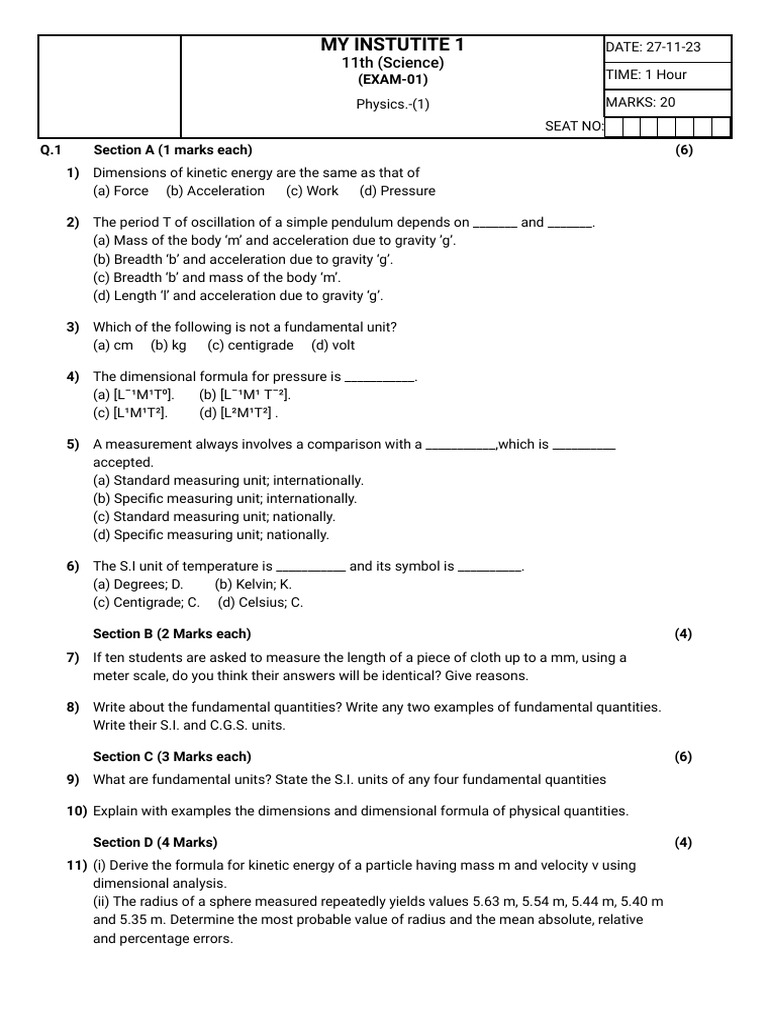 (Xi Sci. Physics) (CH-1 QP) | PDF