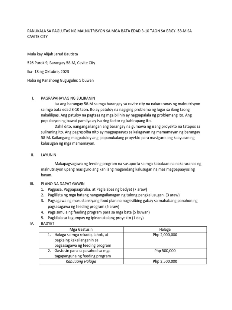 Panukala Sa Paglutas NG Malnutrisyon Sa Mga Bata Edad 3-10 | PDF