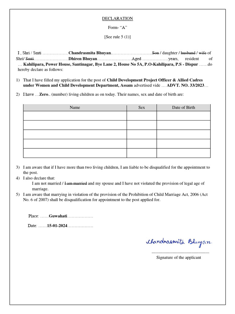 Declaration - Form A | PDF