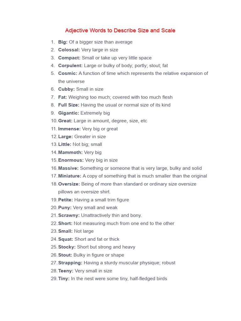 Adjective Words To Describe Size and Scale | PDF | Career & Growth ...