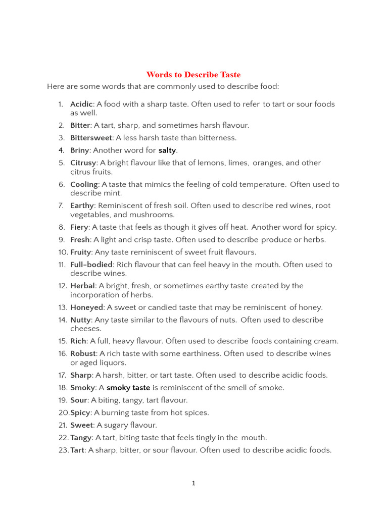 Words To Describe Taste | PDF