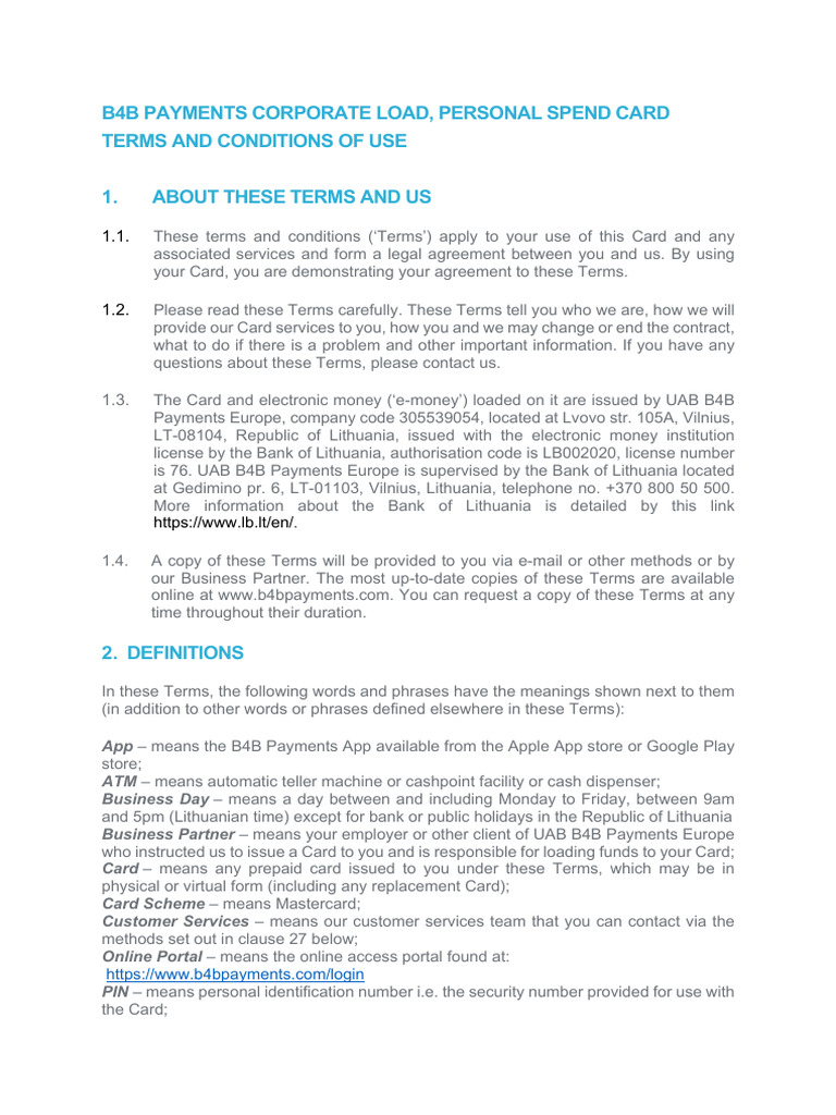 B4B Payments Card Terms & Conditions | PDF | Credit Card | Debit Card