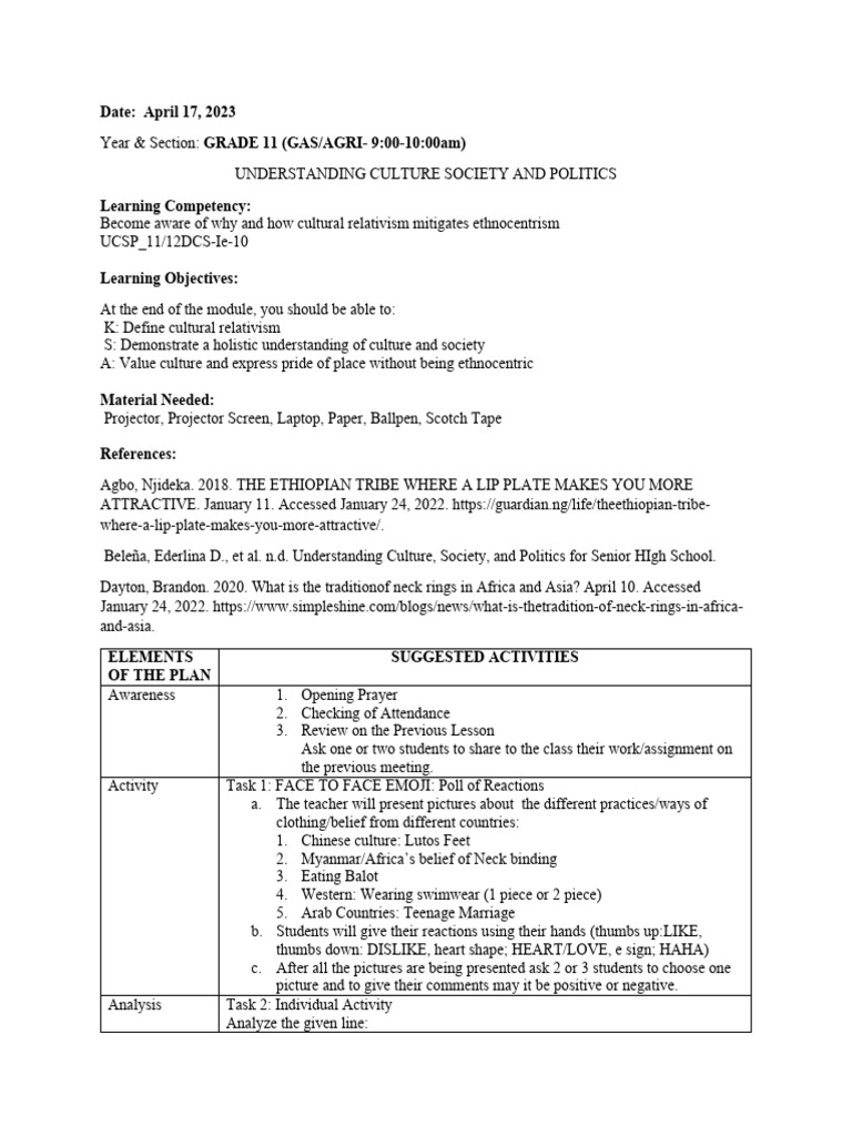 Lesson Plan For Co-Ucsp | PDF | Relativism | Human Communication