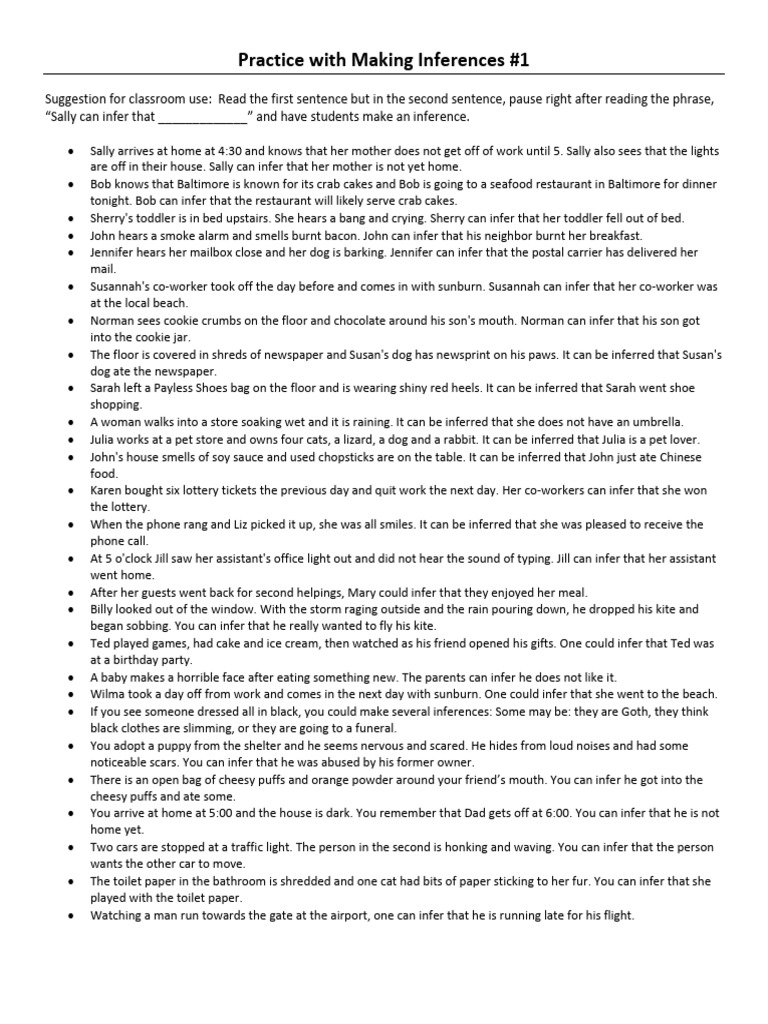 Practice Handout - Making Inferences | PDF | Language Arts & Discipline ...