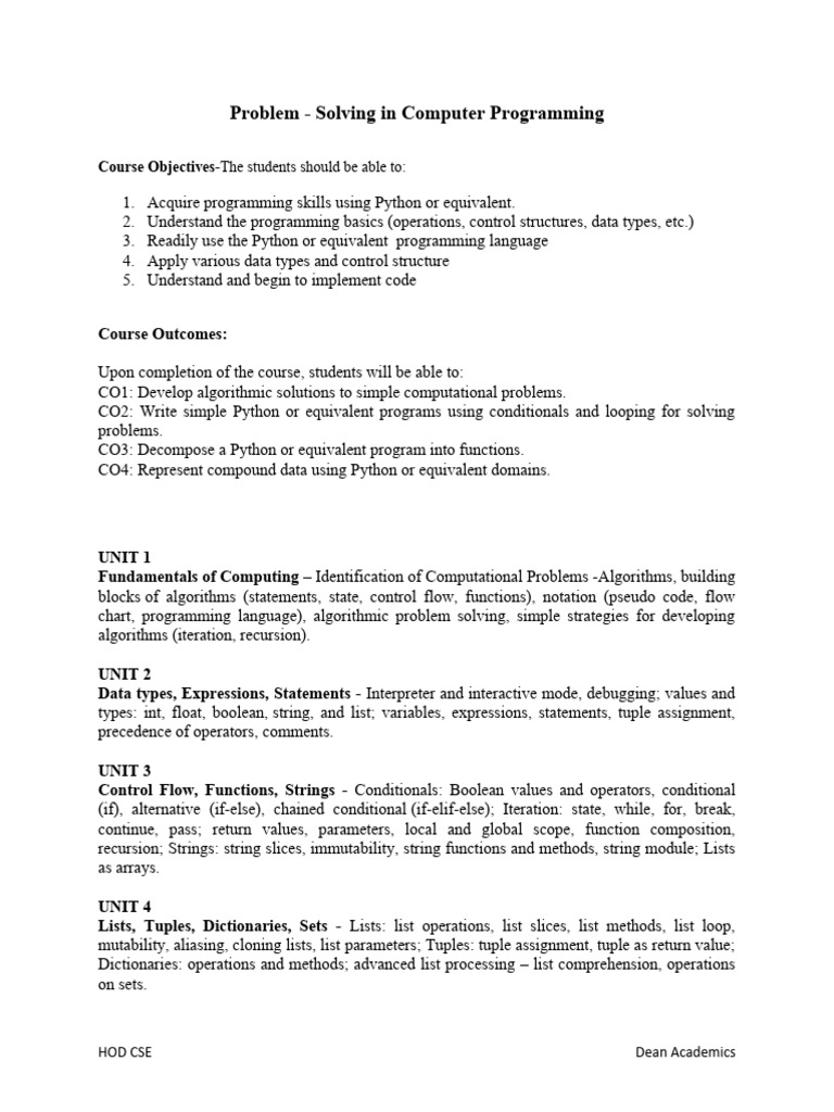 Problem - Solving in Computer Programming Syllabus | PDF | Control Flow ... Problem - Solving in Computer Programming Syllabus | PDF | Control Flow ...