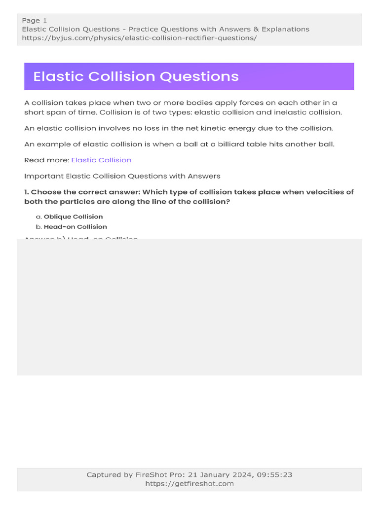 Elastic Collision Questions - Practice Questions With Answers | PDF | Collision | Momentum