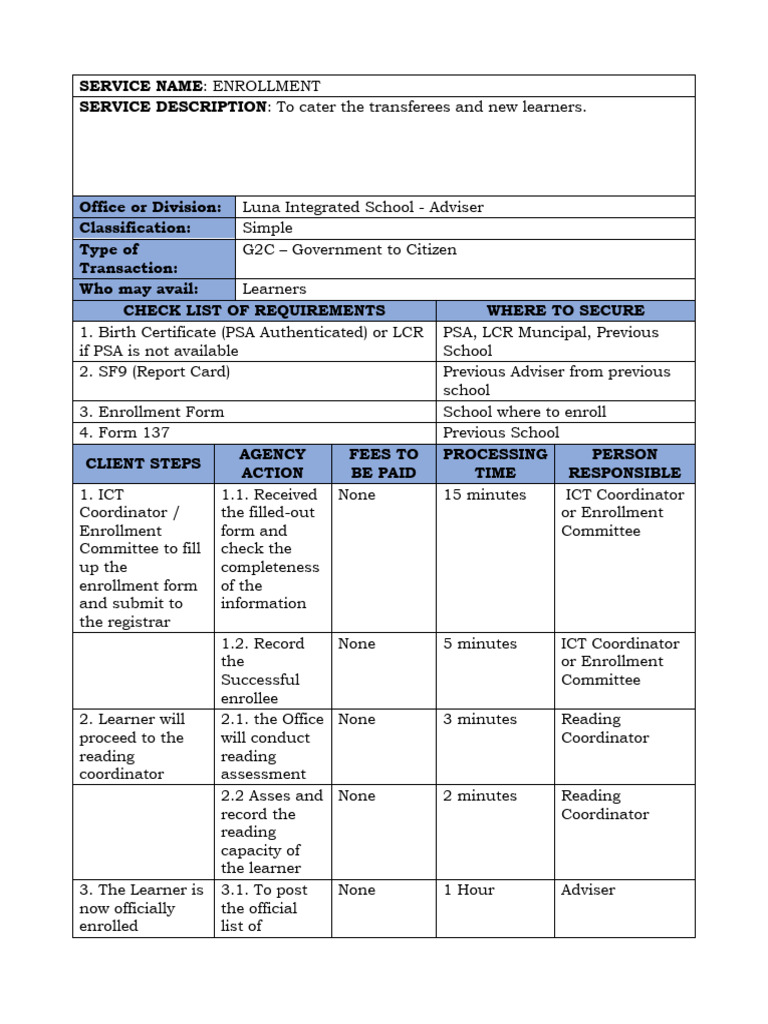 Citizens Charter Enrollment Certificates | PDF