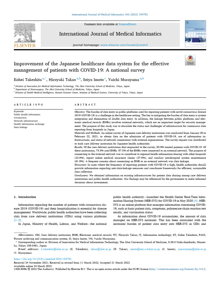 SIKL - Japan - Takeshita Et Al, 2022-1 | PDF | Electronic Health Record ...