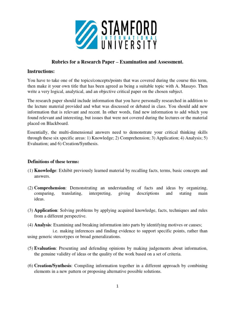 Rubrics For A Research Paper Examination | PDF