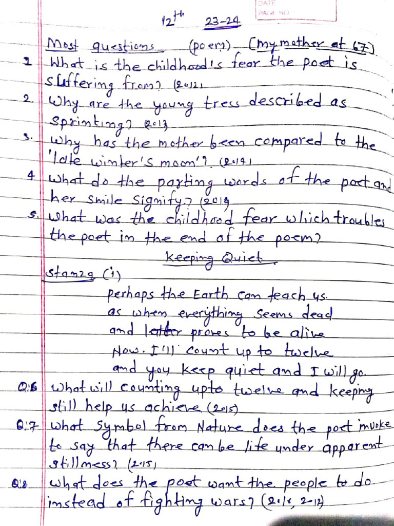 Poem English Important Questions | PDF