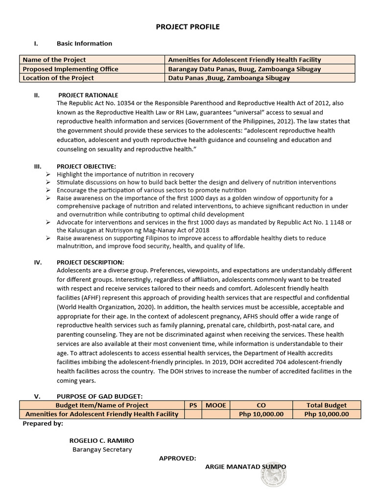 PROJECT PROFILE (Adolescent Friendly Health Facilities) | PDF ...