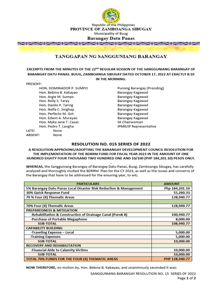 Barangay Resolution For BDRRM Fy 2021 | PDF | Philippines