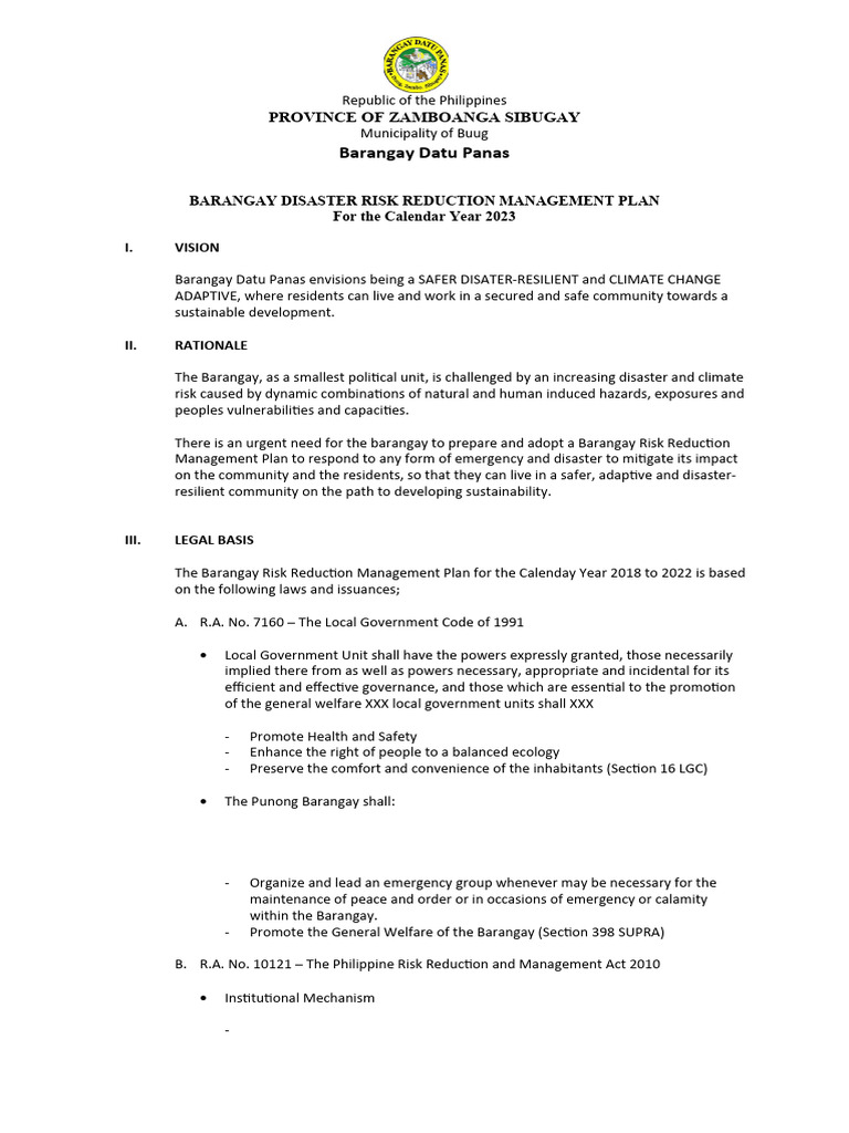 BARANGAY DISASTER RISK REDUCTION MANAGEMENT PLAN (p1) | PDF | Disaster ...