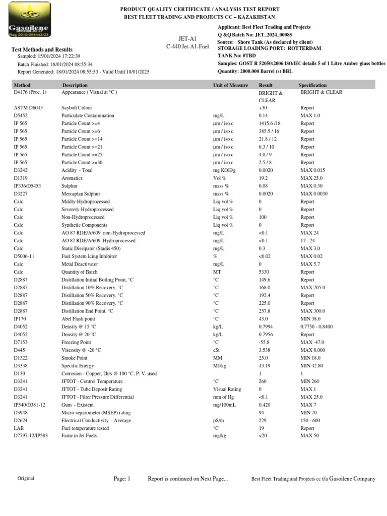 CERTIFICATE OF PRODUCT QUALITY JET A - 1 Gasoilene 2000,000BBL-1 | PDF ...