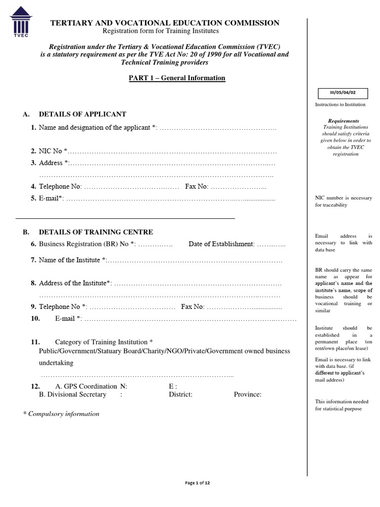 TVEC Registration Form for Training Institutes | PDF | Curriculum ...