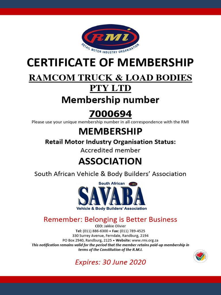 RMI Membership Certificates SAVABA Ramcom Truck Load Bodies Pty LTD 1 | PDF