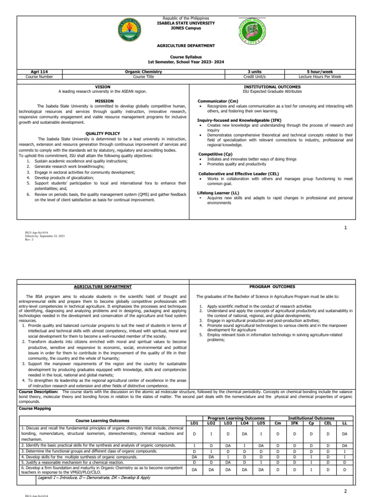 Agri114 Organic Chemistry BSA | PDF | Organic Chemistry | Chemistry