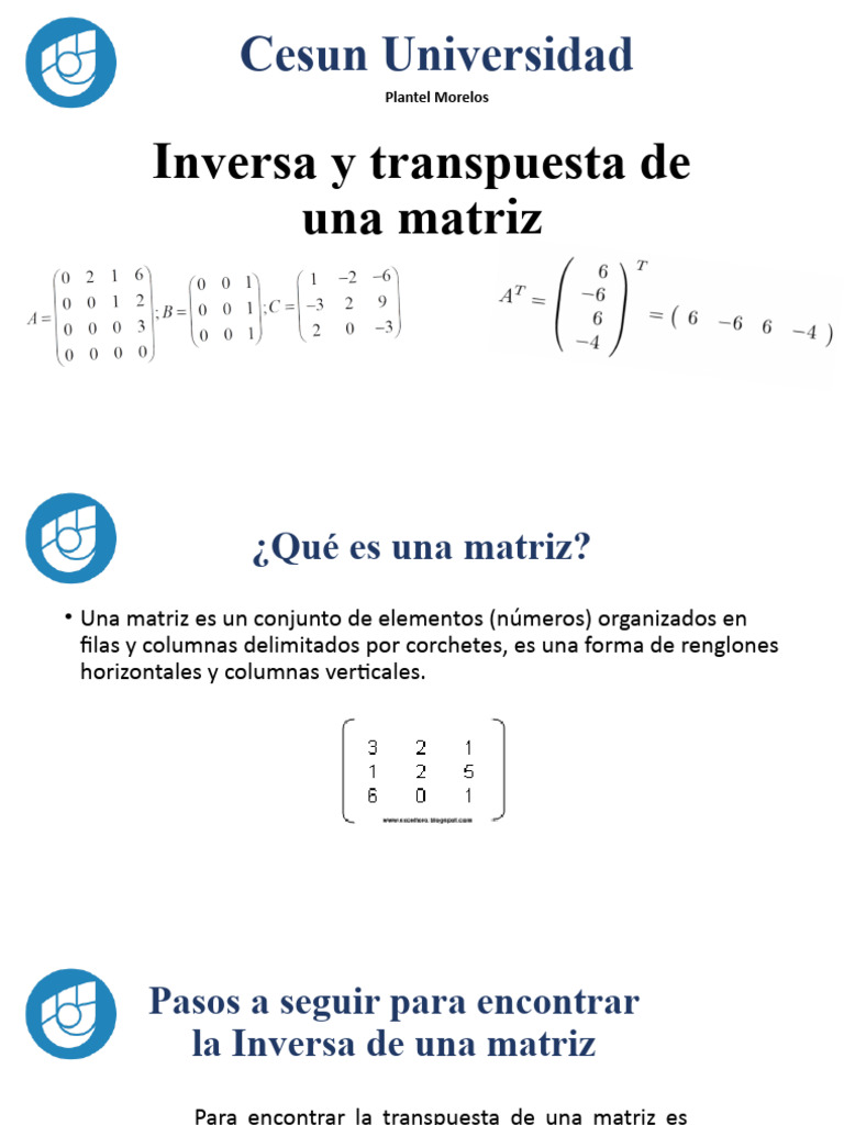 Inversa y Transpuesta de Una Matriz PRESENTACION | PDF