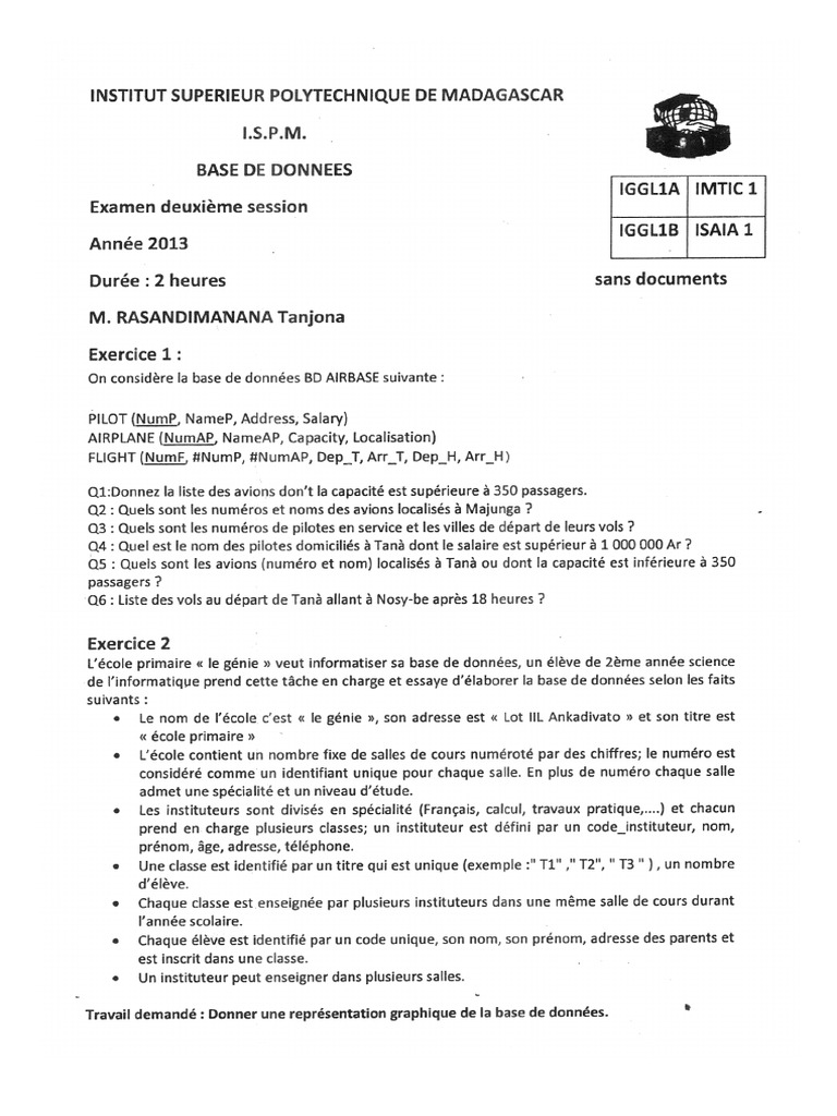 Base de Données - Sujets-Types - ESIIA1 | PDF