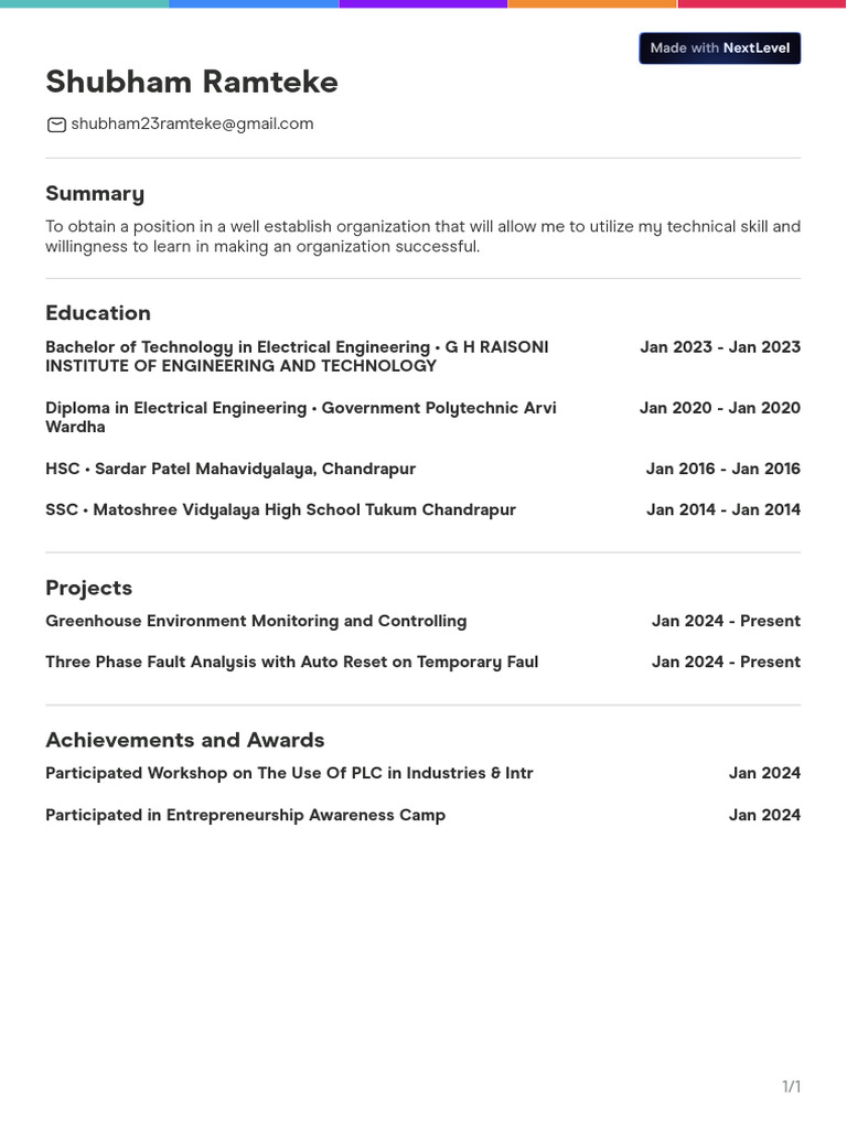 Shubham Ramteke NextLevel Resume | PDF