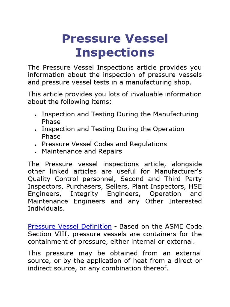Pressure Vessel Inspections | PDF | Pump | Pipe (Fluid Conveyance)