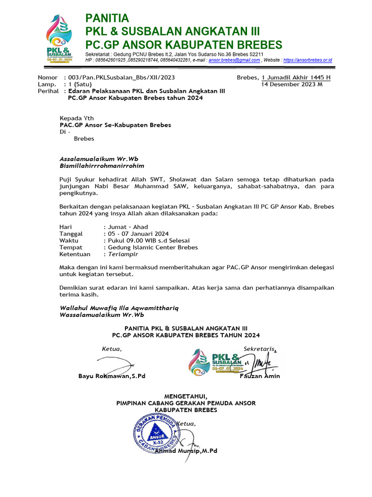 Edaran Pelaksanaan PKL Susbalan Angkatan III 2024 | PDF