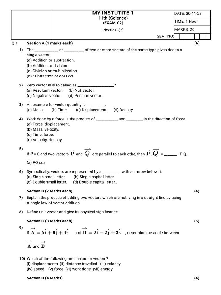 (Xi Sci. Physics) (CH-2 QP) | Download Free PDF | Euclidean Vector | Force