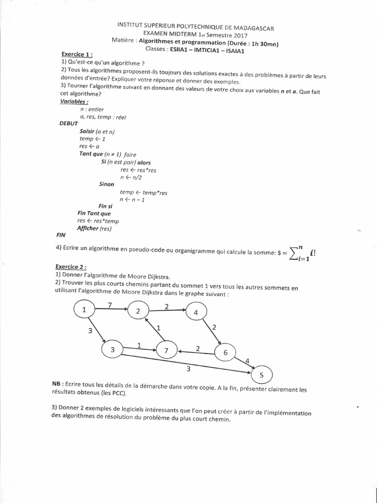 Algorithmes Et Programmation-Sujets-Types ESIIA1 | PDF