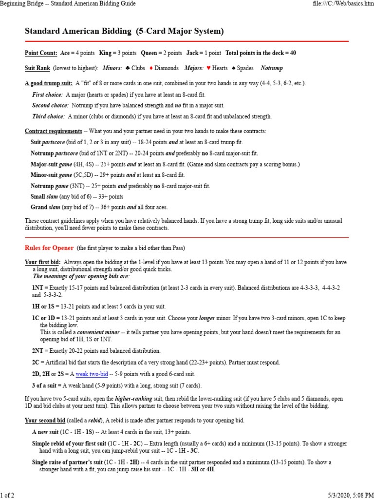 Standard American Bridge Bidding Guide | PDF | Contract Bridge | Ephemera
