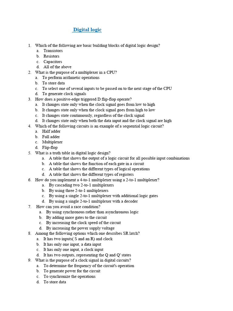 Digital Logic Questions | PDF | Logic Gate | Electronic Circuits