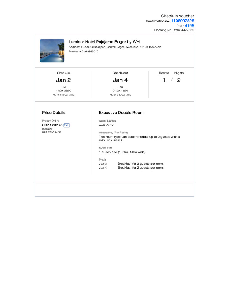 Check-In Voucher | PDF | Hotel | Hospitality Industry