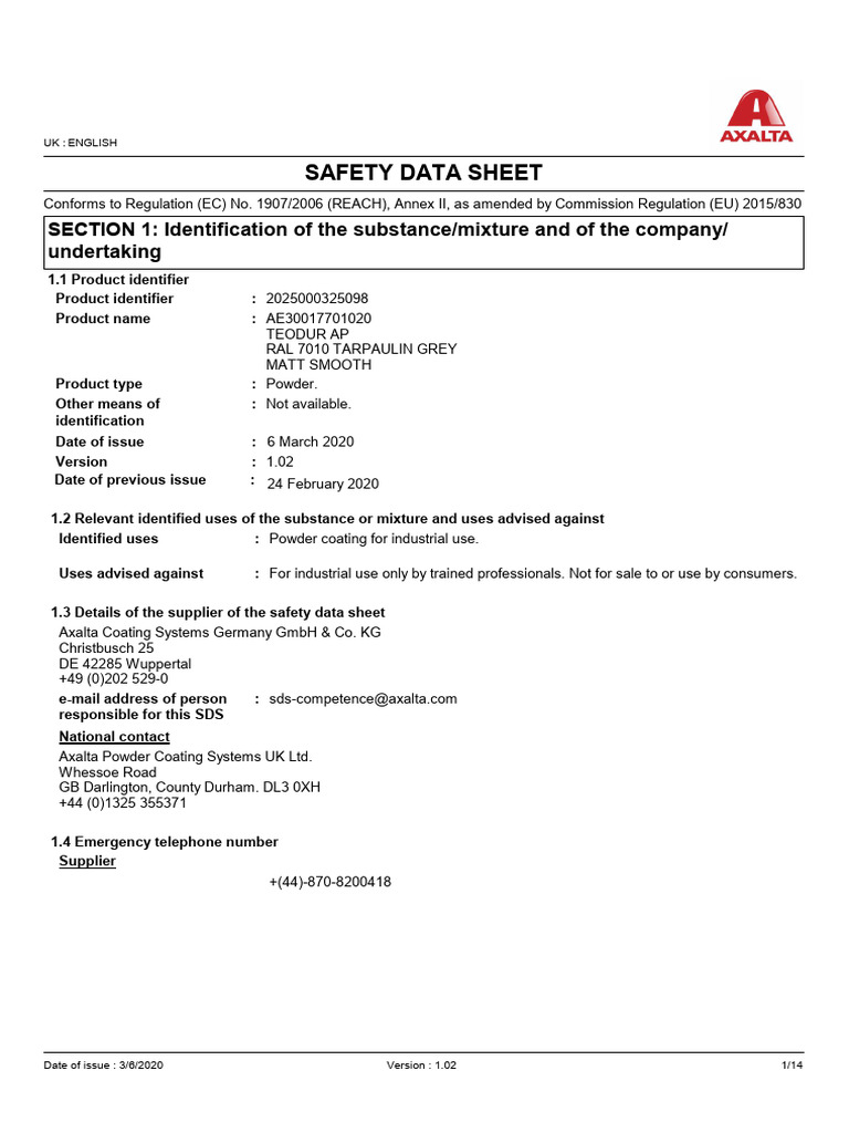 RAL 7010 Powder Coating Safety Data | PDF | Waste | Toxicity