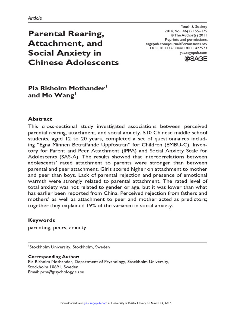Parental Rearing, Attachment, and Social Anxiety in Chinese Adolescents ...