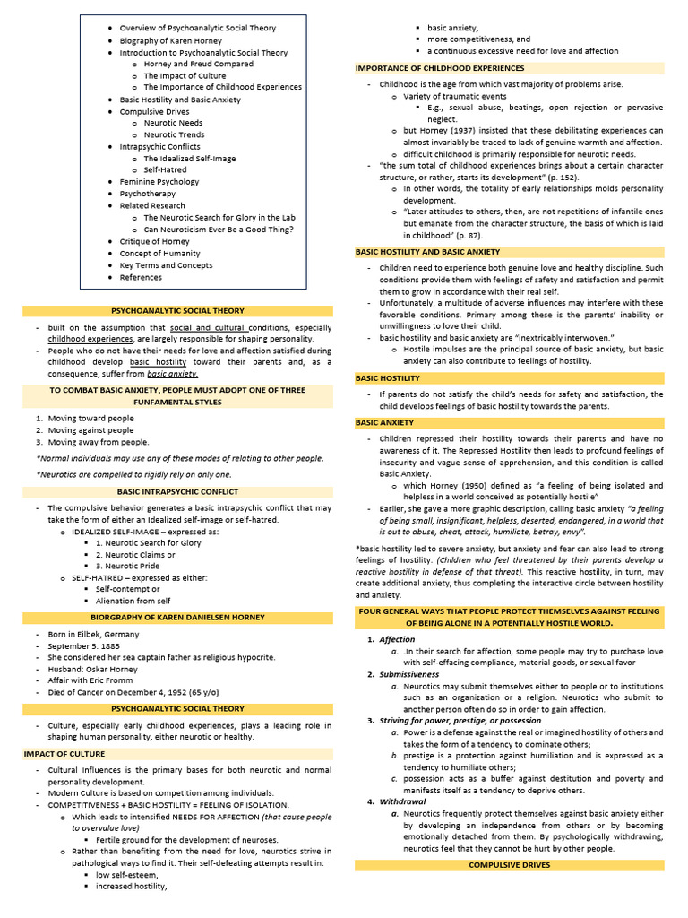 KAREN HORNEY - Top Midterms | PDF | Neurosis | Anxiety