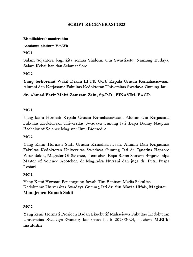 Script Regenerasi 2023: Bismillahirrahmanirrahim Assalamu'alaikum WR - WB MC1 | PDF