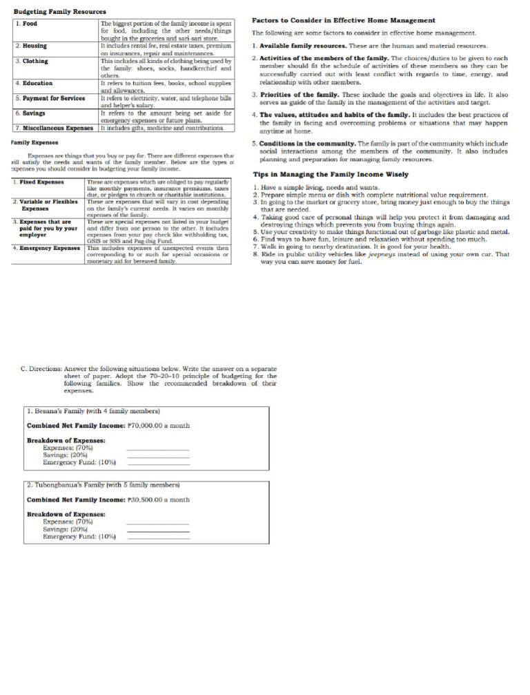 Home Economics Activities | PDF