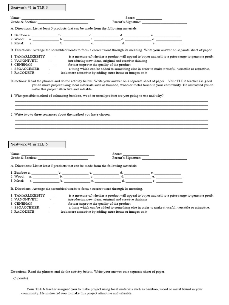 Grade 6 Worksheet in Tle | PDF | Paper