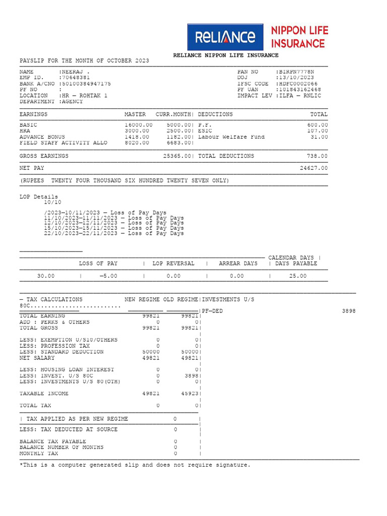 Rnlic Pay Slip 70648381 Oct 2023 | PDF | Tax Deduction | Money