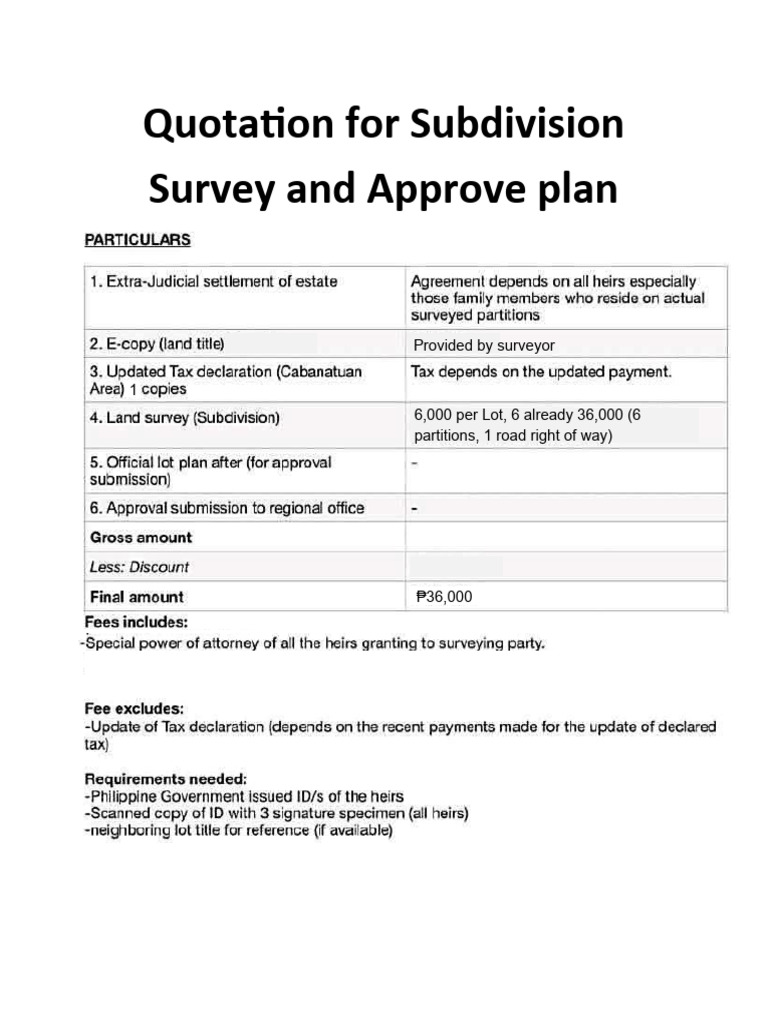 Quotation For Subdivision Survey and Approve Plan | PDF
