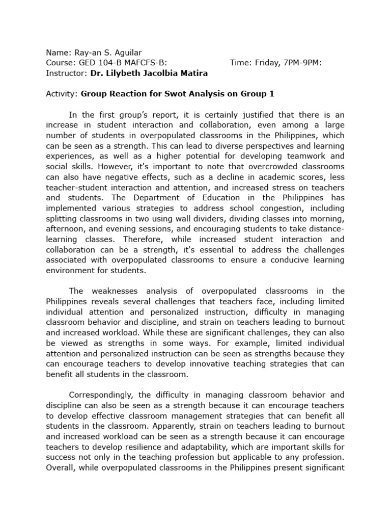 SWOT Analysis of Overpopulated Classrooms | PDF | Teachers | Classroom