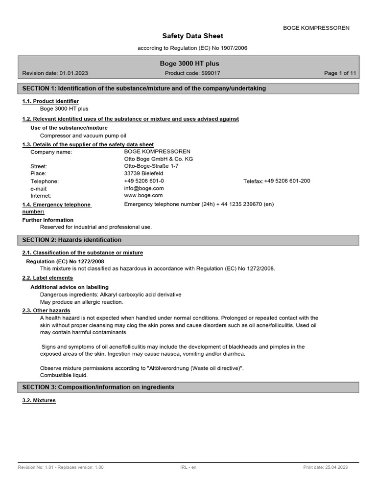 MSDS - Boge 3000 HT Plus - en - 2023 | PDF | Toxicity | Waste