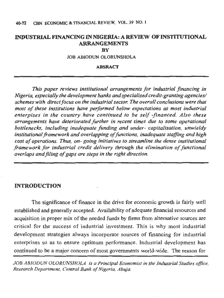 Industrial Financing in Nigeria A Review of Institutional Arrangement | PDF | Debt | Investing