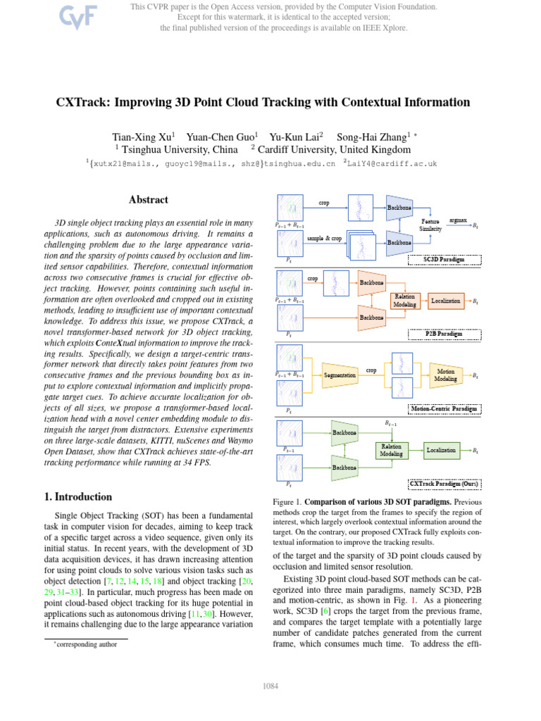 Xu CXTrack Improving 3D Point Cloud Tracking With Contextual Information CVPR 2023 Paper | PDF ...