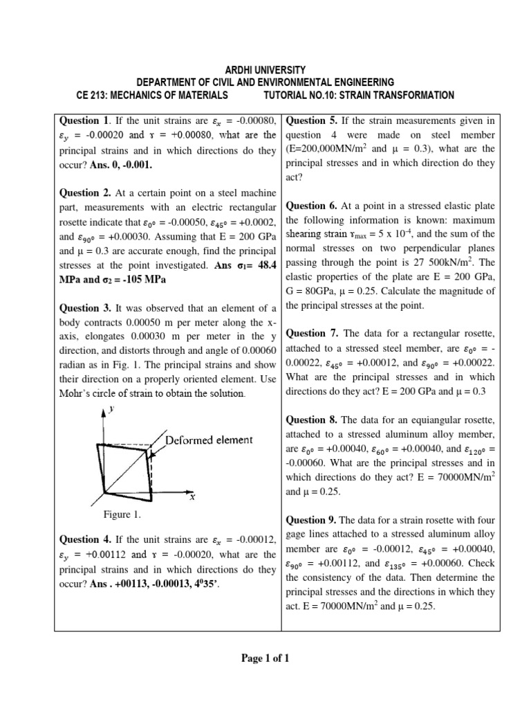 Tutorial No. 10-STRAIN TRANSFORMATION | PDF | Stress (Mechanics) | Elasticity (Physics)
