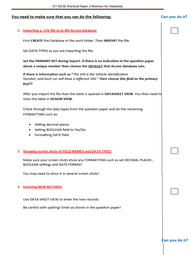 Ict Igcse Paper 2 Revision Database Pdf Databases Microsoft Excel