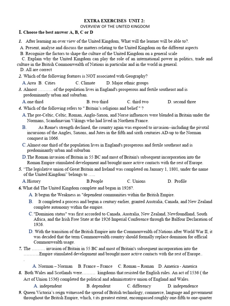 UNIT 2. Exercises | PDF | United Kingdom | British Empire UNIT 2. Exercises | PDF | United Kingdom | British Empire
