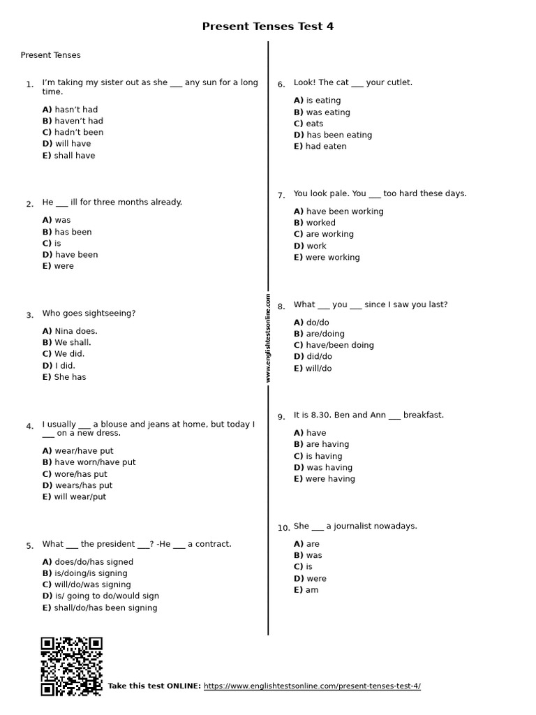 69 - Present Tenses Test 4 | PDF